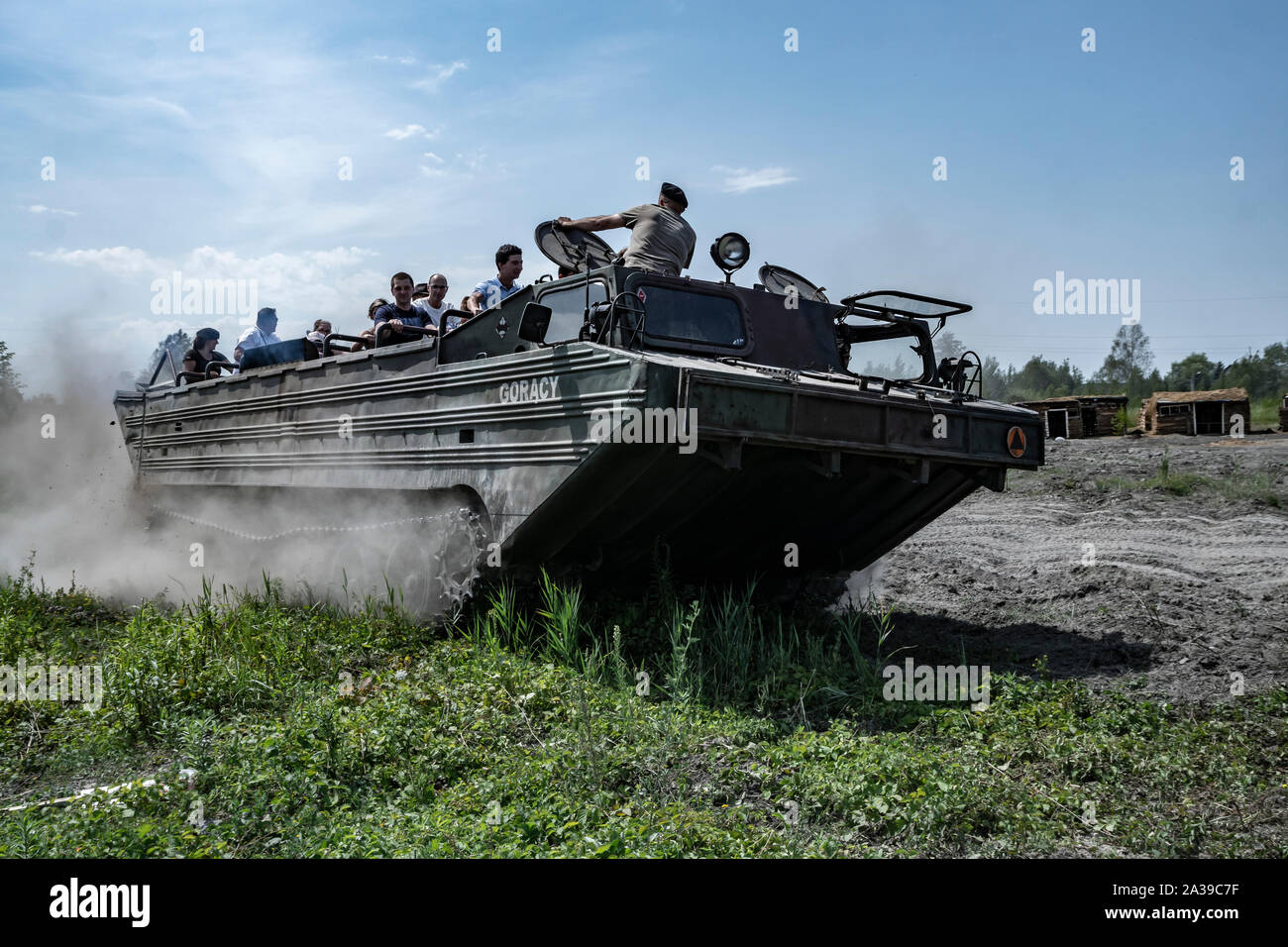 Fast ride of the Soviet PTS-M tracked amphibious transport with ...