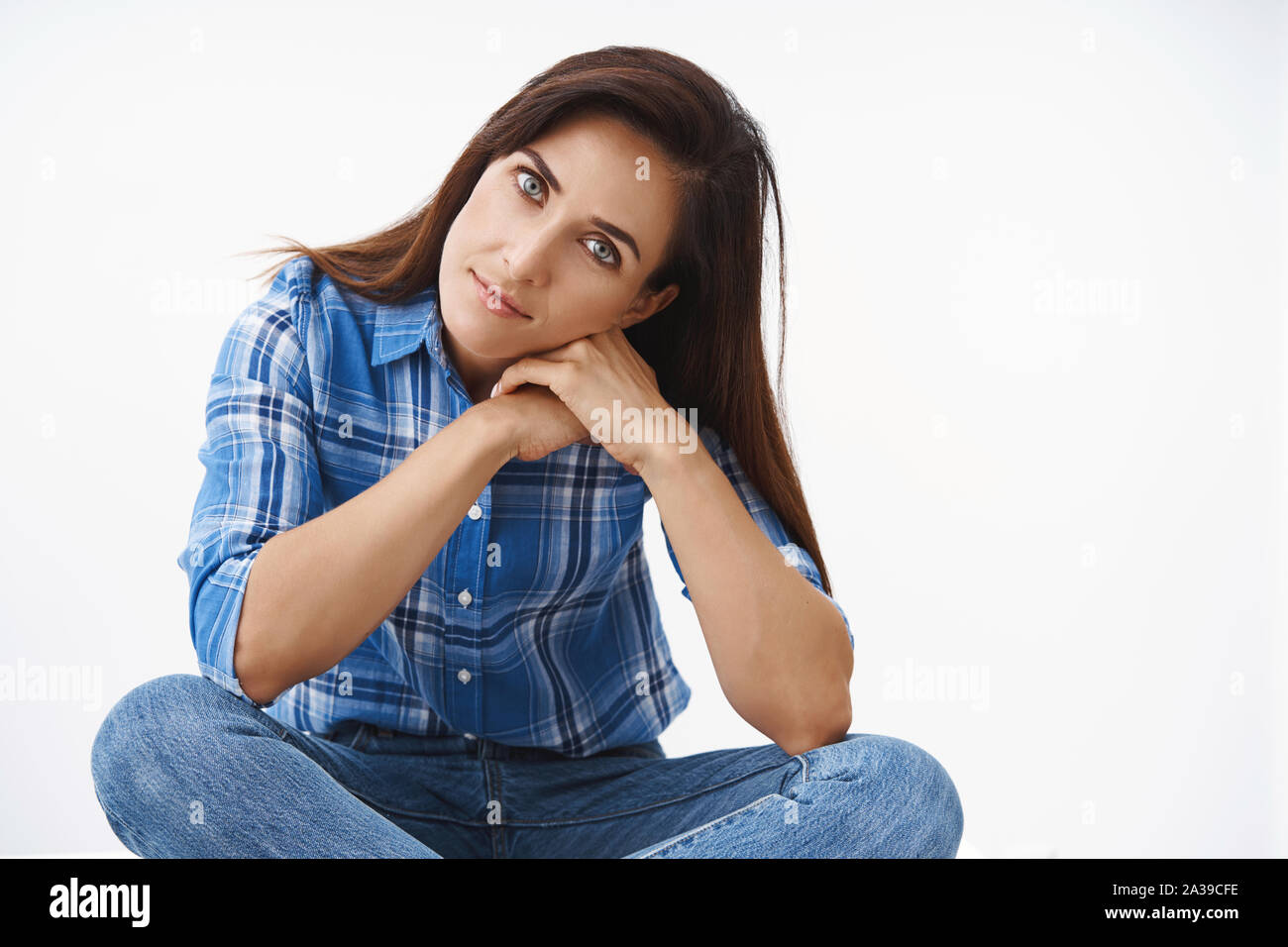 Close-up attractive romantic tender middle-aged wife with tattoos ...