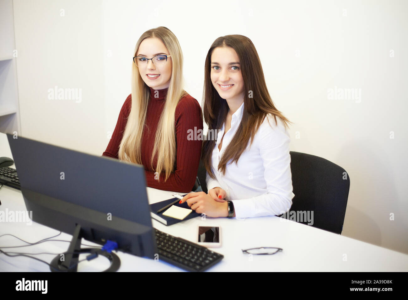 Two beautiful girls work in the office of a consulting company Stock ...