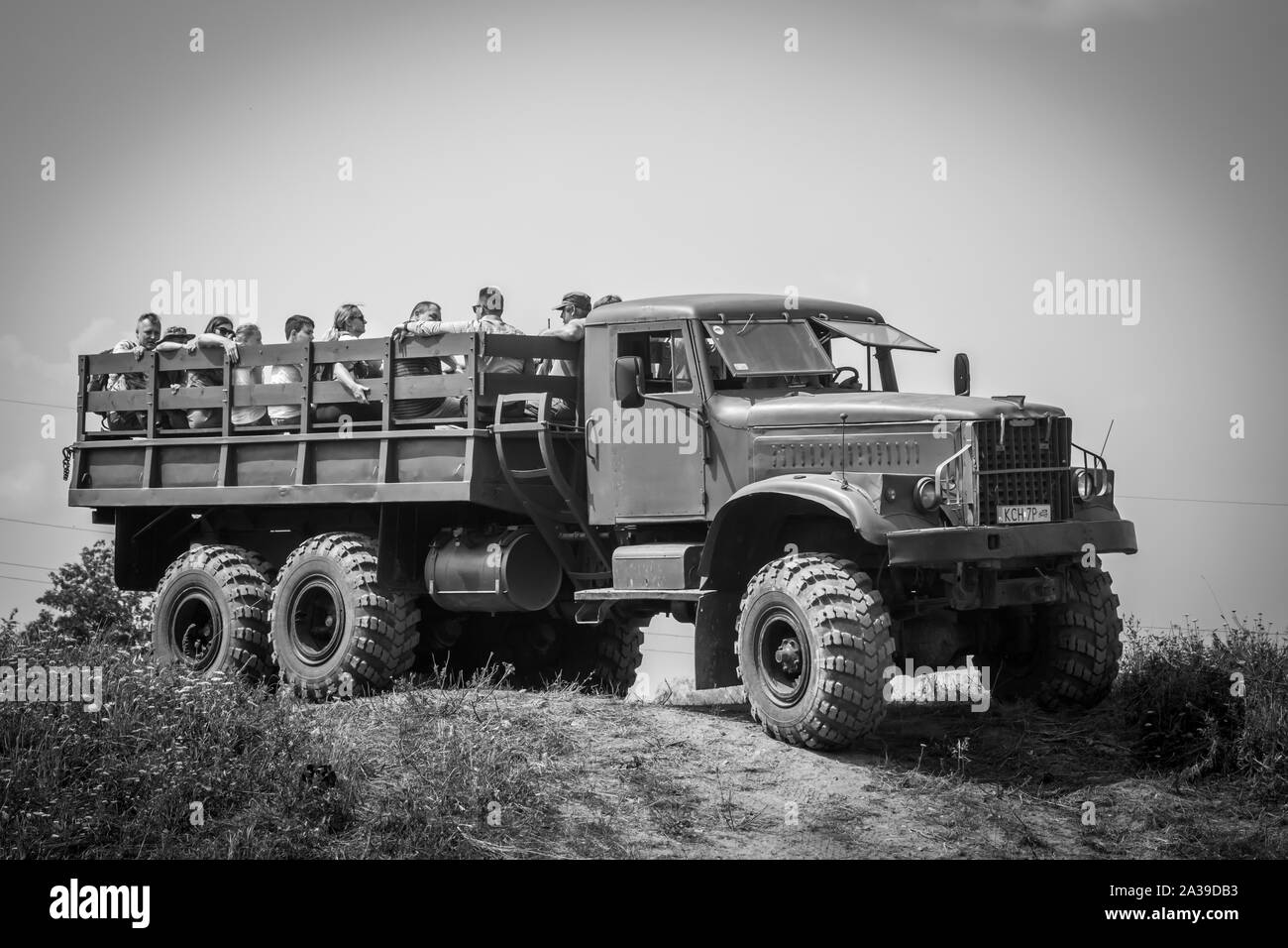 Ride of the Soviet heavy utility truck KrAZ-255 6x6 with spectators ...