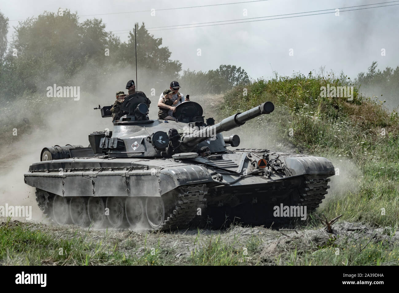 Fast ride of the Soviet T-72 tank with spectatorsduring Military ...