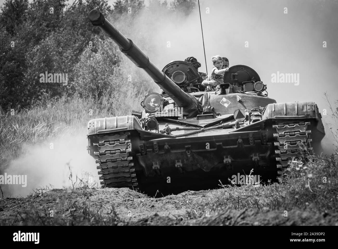 Fast ride of the Soviet T-72 tank with spectators during Military ...