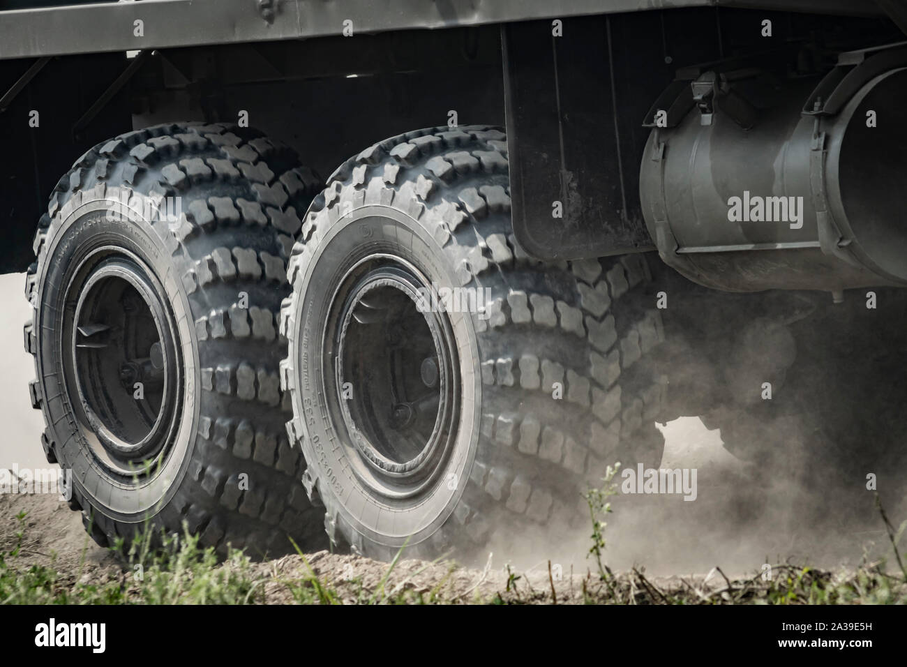 Soviet heavy utility truck KrAZ-255 6x6 truck wheels while driving ...