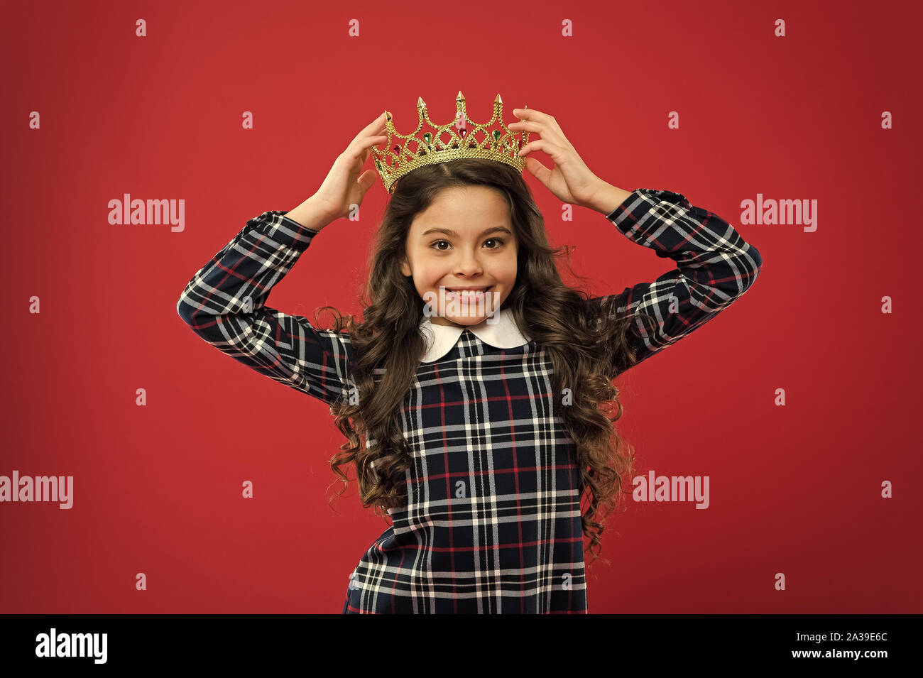 Princess manners. Elegancy suit her. Kid wear golden crown symbol of ...