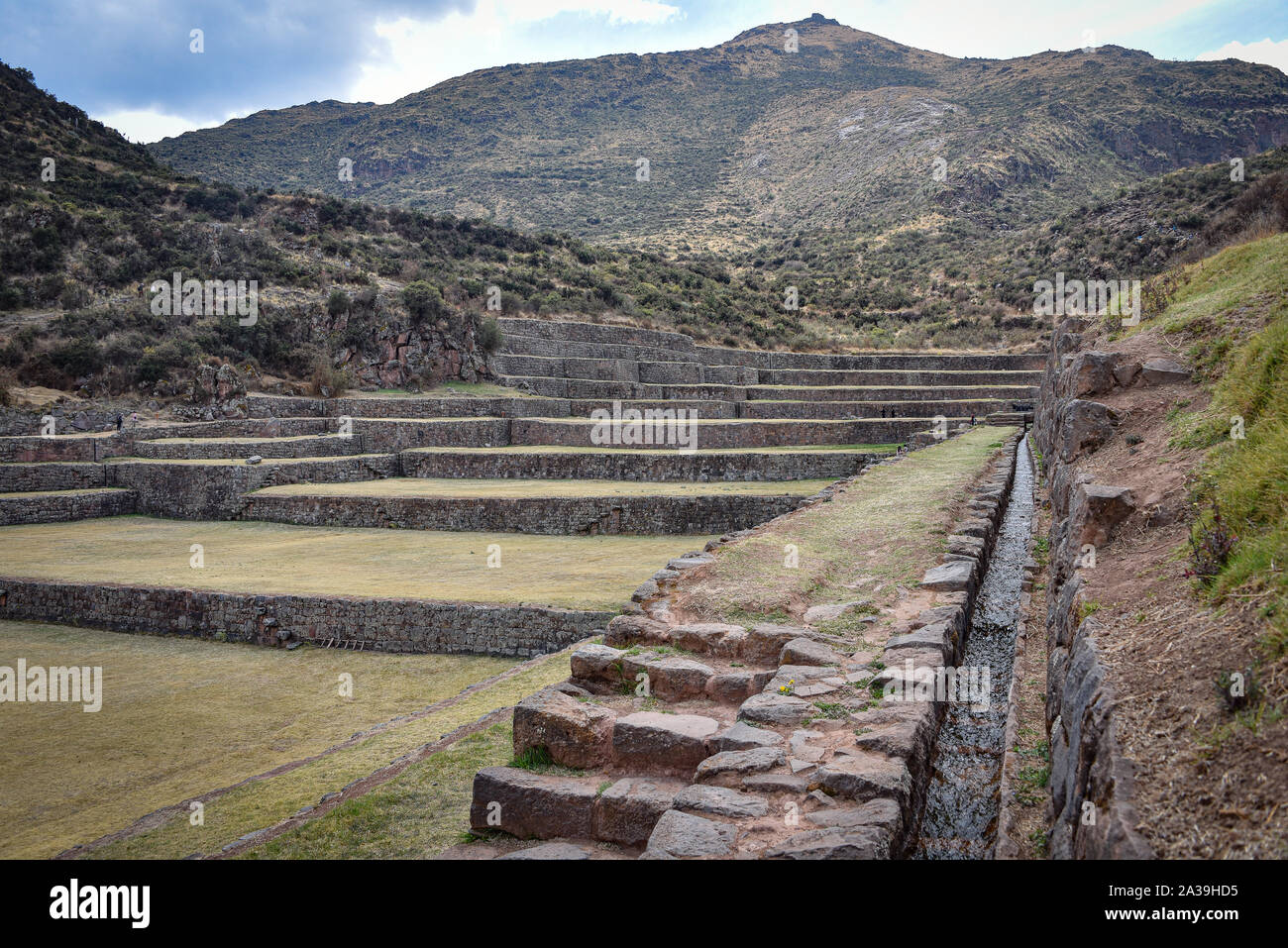 Inca water channels and stone terraces at the Tipon archaeological site ...