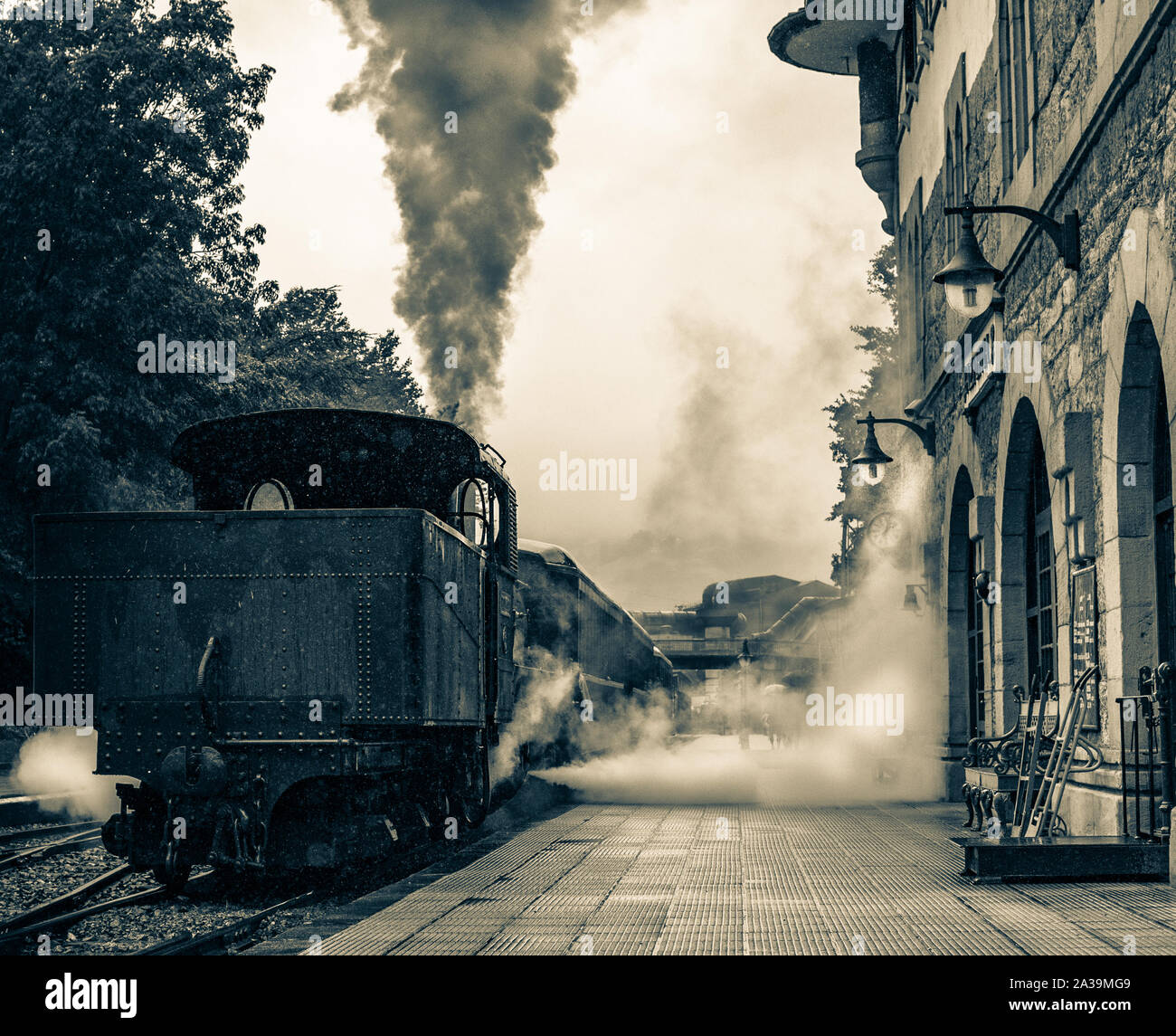 Steam train puffing thick smoke passing old train station Stock Photo ...