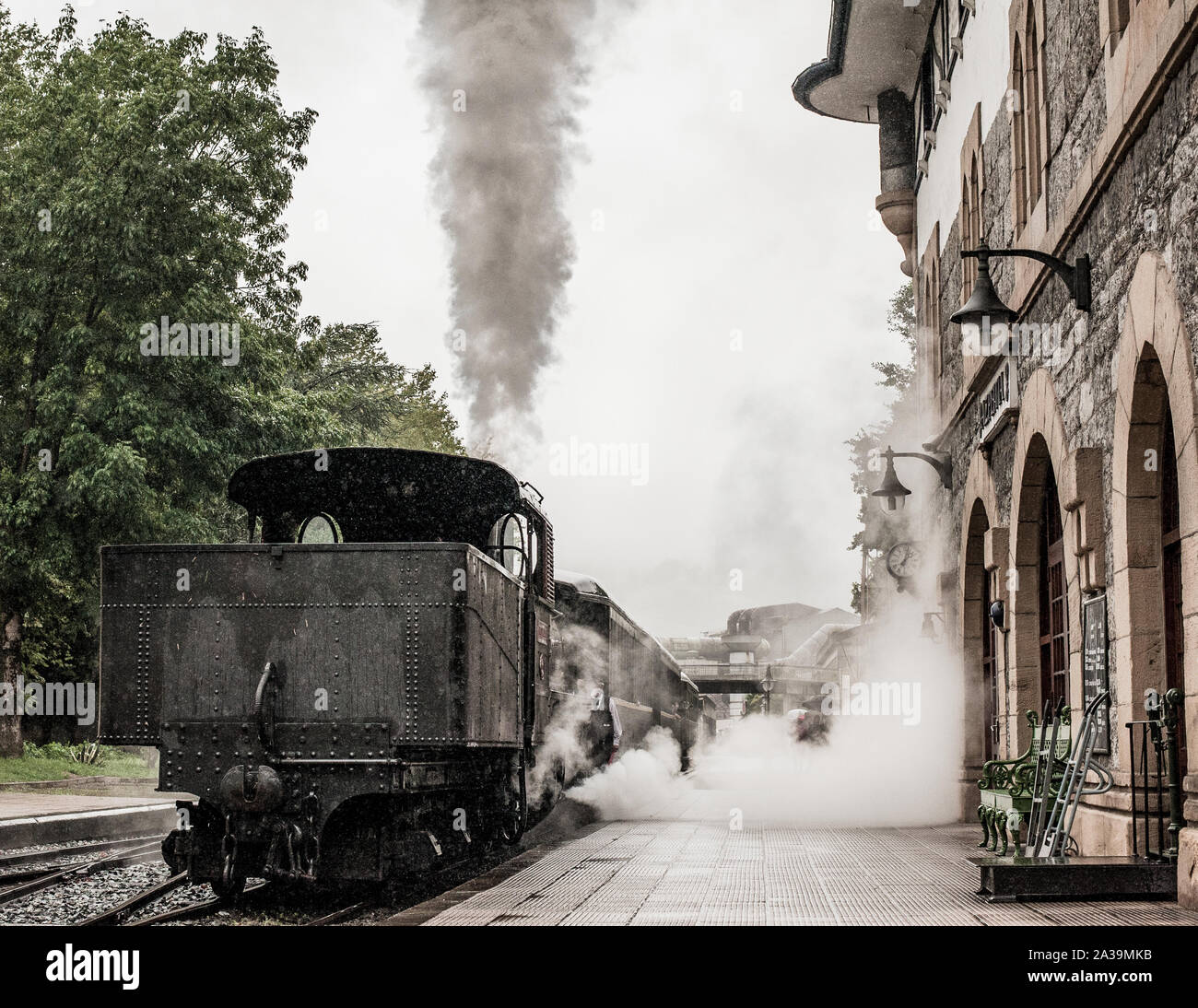Steam train puffing thick smoke passing old train station Stock Photo ...