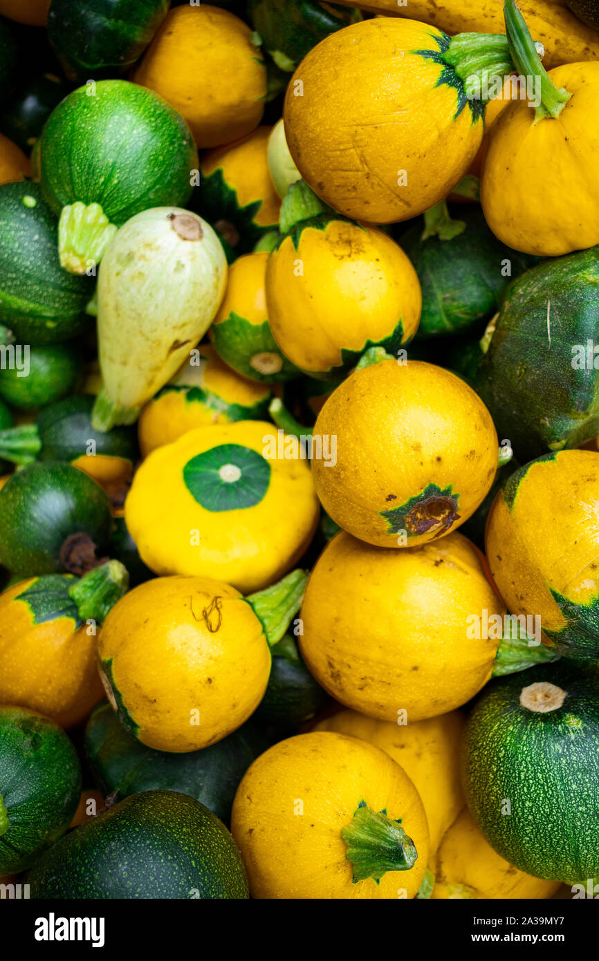Small yellow and green squash at the market Stock Photo - Alamy
