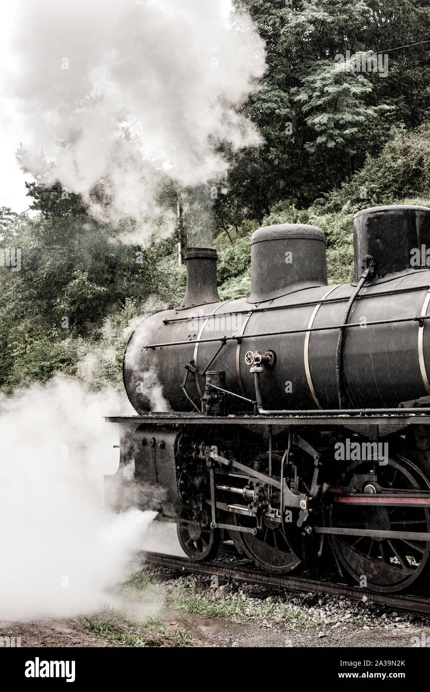 Moving steam train puffing thick smoke into air Stock Photo - Alamy