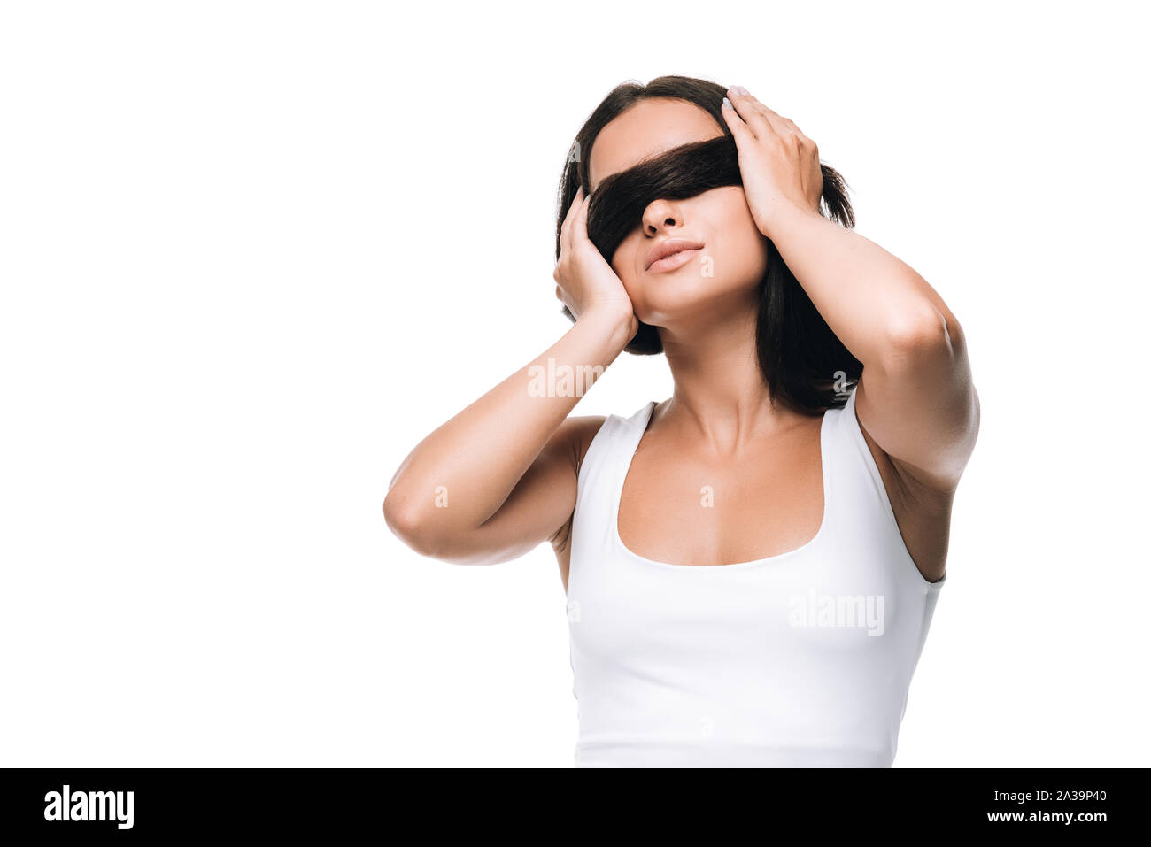 brunette beautiful woman with long straight healthy and shiny hair on ...