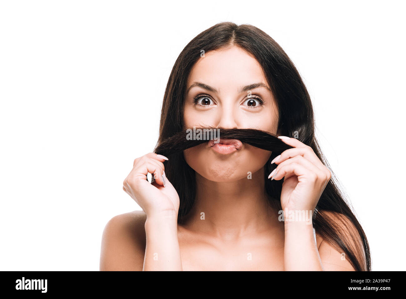 brunette beautiful woman making fake mustache from long straight healthy and shiny hair isolated ...