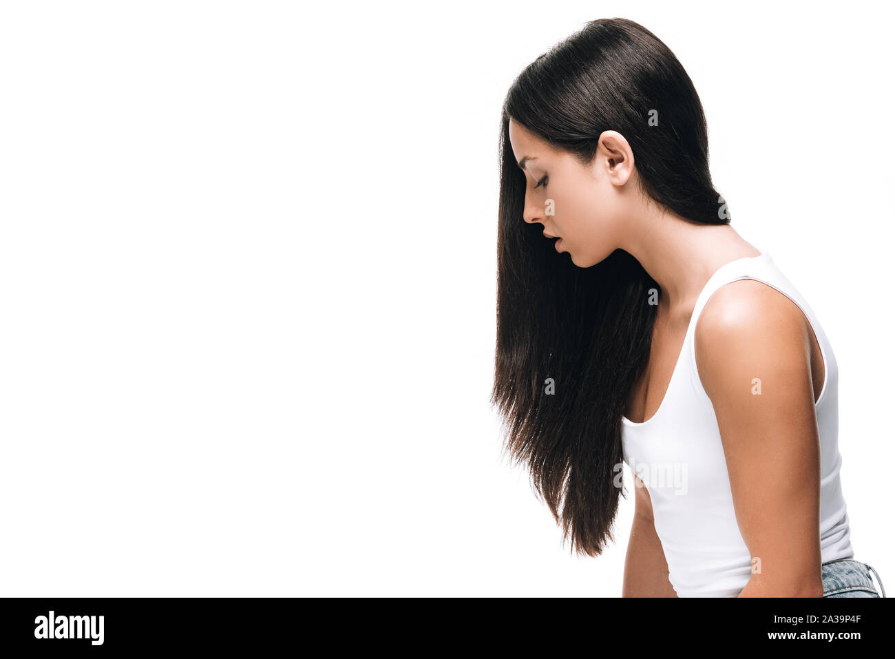 side view of brunette beautiful woman with long straight healthy and ...