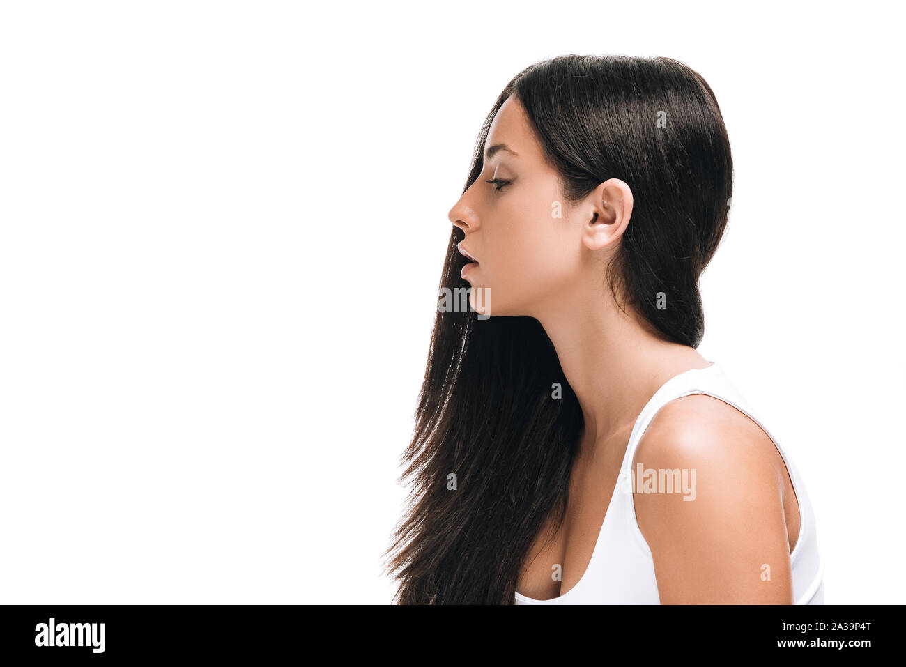 side view of brunette beautiful woman with long straight healthy and ...