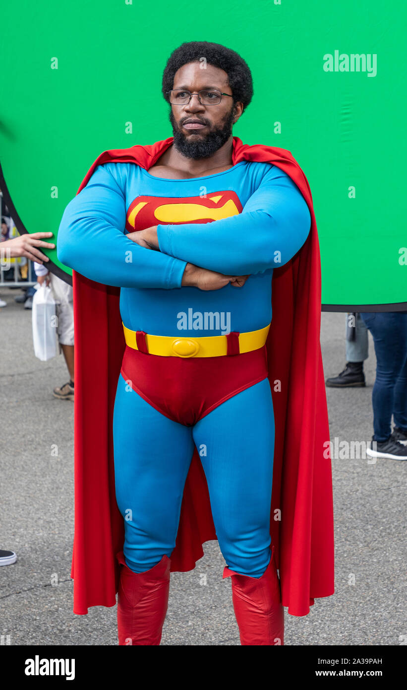 New York, NY, USA - October 4, 2019: Comic Con attendee poses in the ...