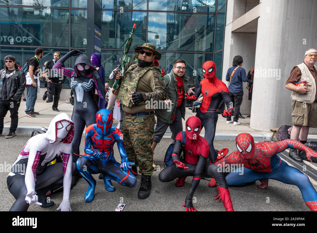 New York, NY, USA - October 4, 2019: Comic Con attendees pose in the ...