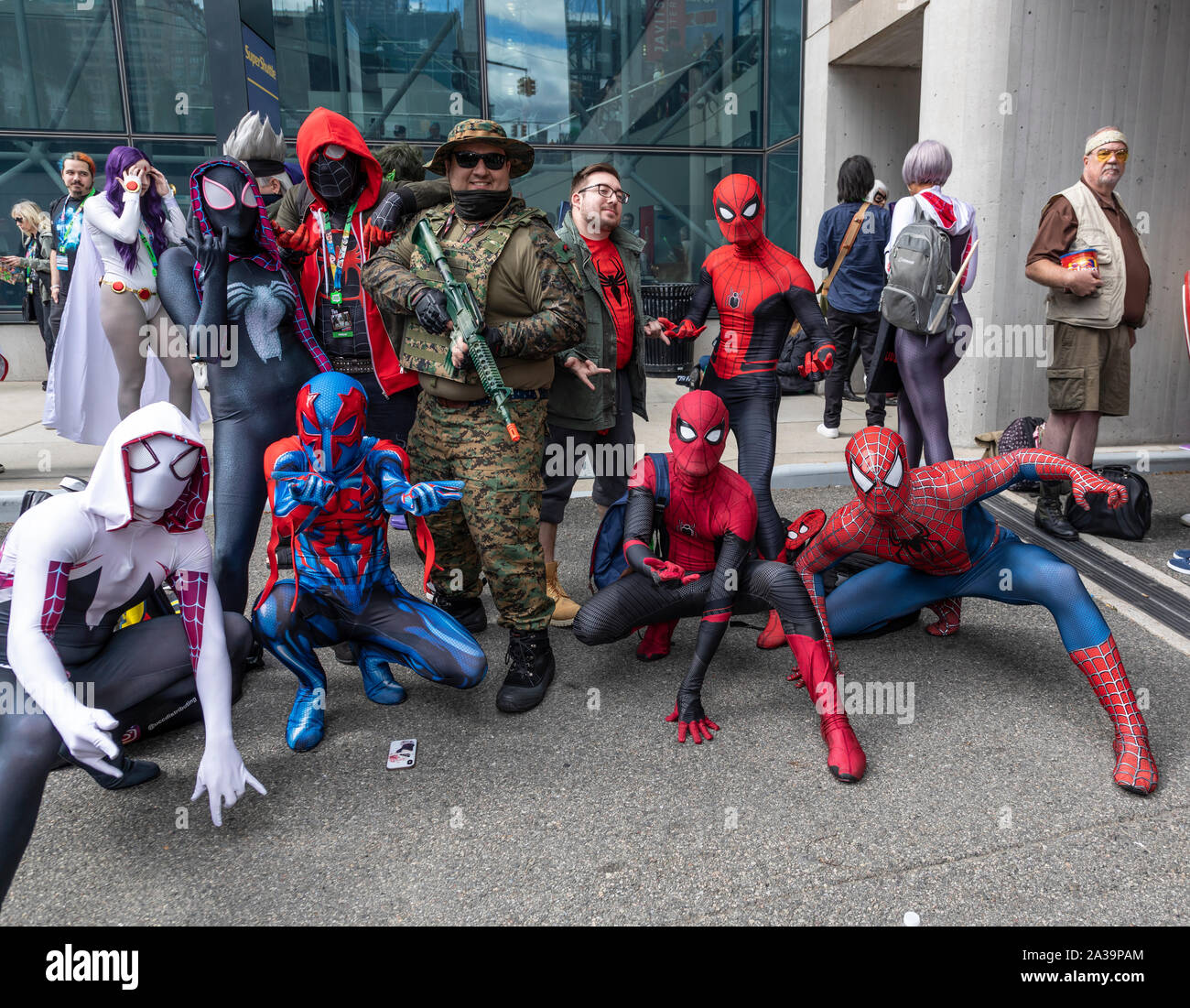 New York, NY, USA - October 4, 2019: Comic Con attendees pose in the ...
