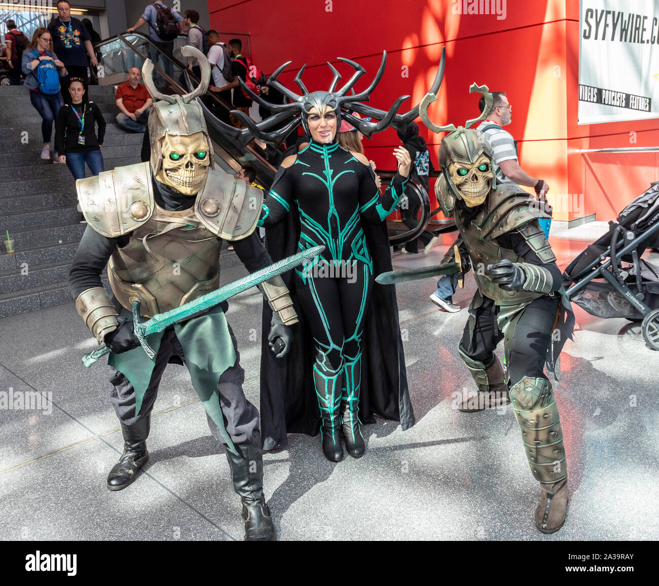 New York, NY, USA - October 4, 2019: Comic Con attendees pose in the ...