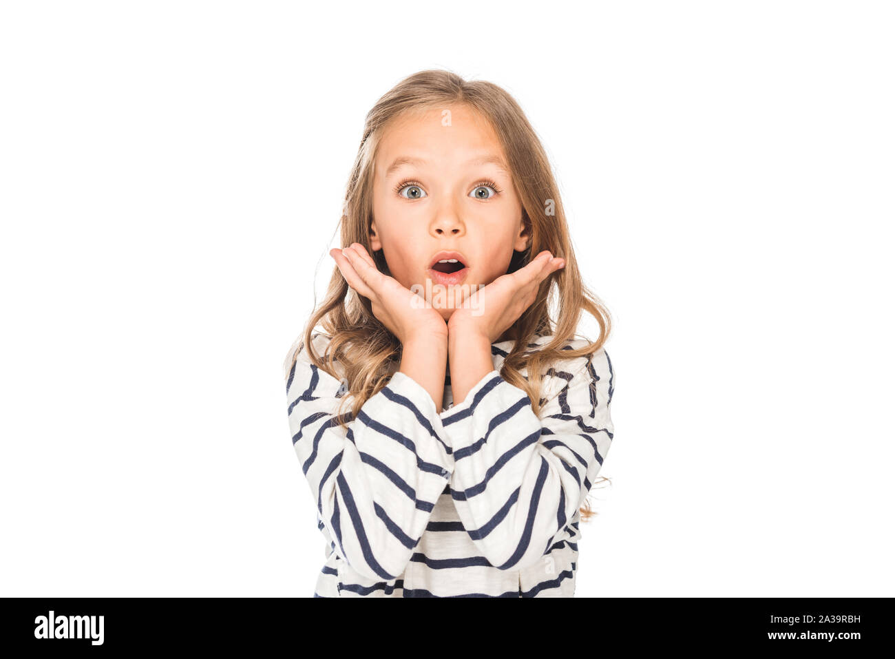 front view of shocked kid in casual outfit isolated on white Stock ...