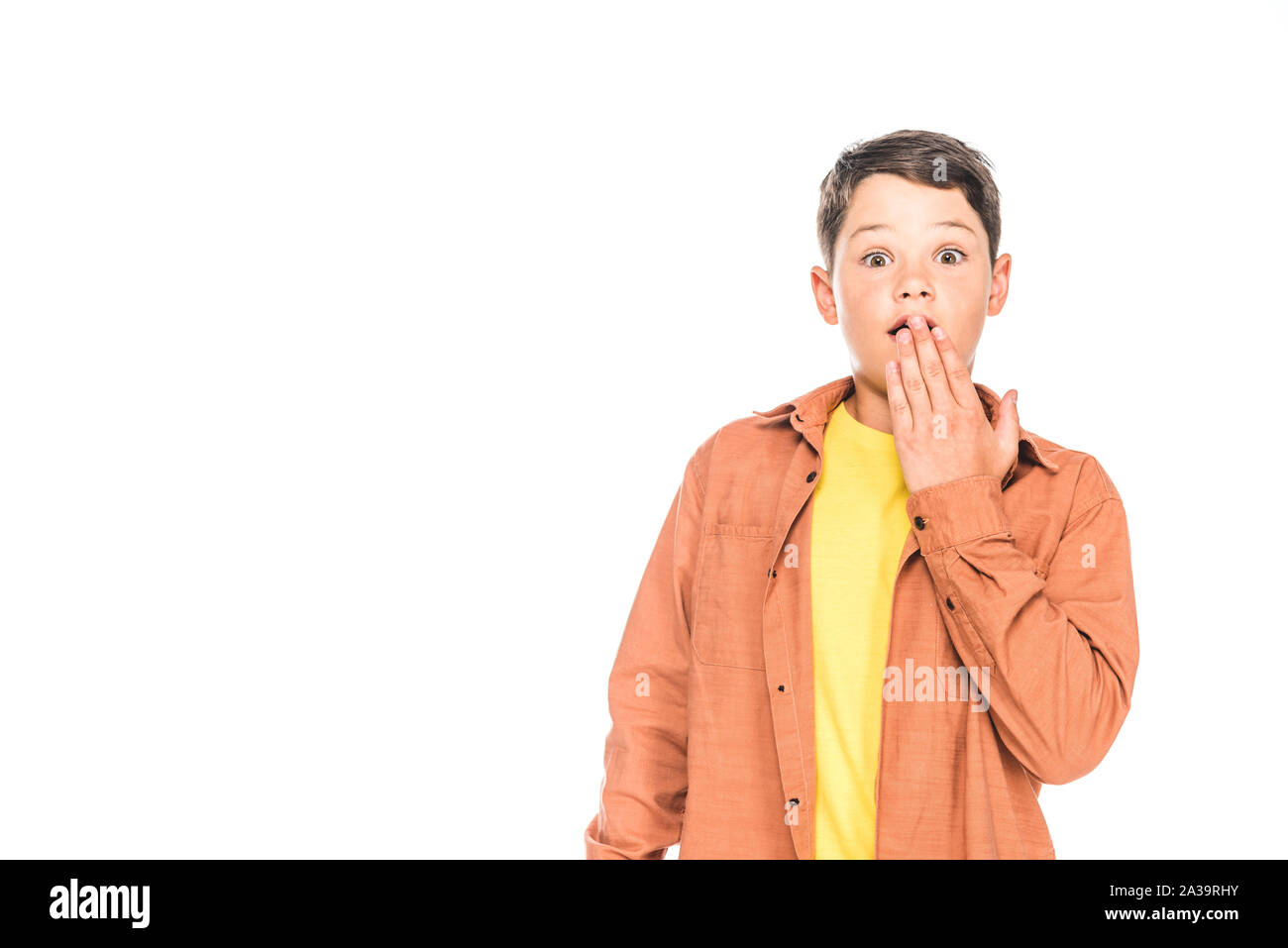 Elementary age boy shocked on white hi-res stock photography and images ...