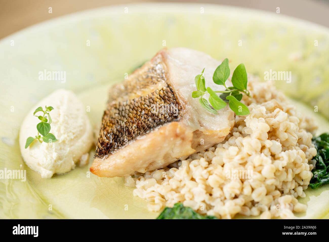 Roasted pike perch or cod fish with bulgur. Dish decorated with a ...