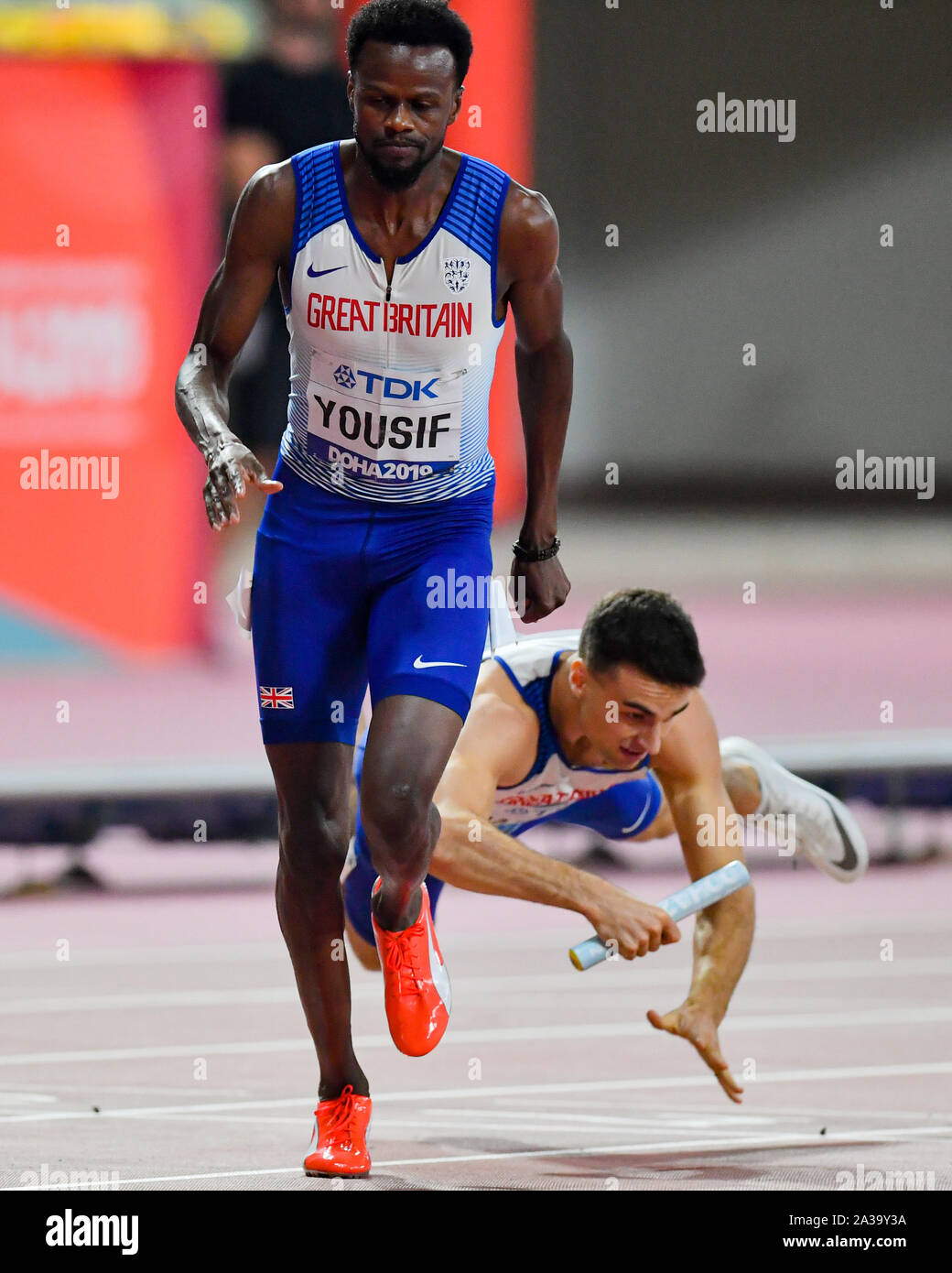 DOHA, QATAR. 06th Oct, 2019. Toby Harries accidentally failed on to ...