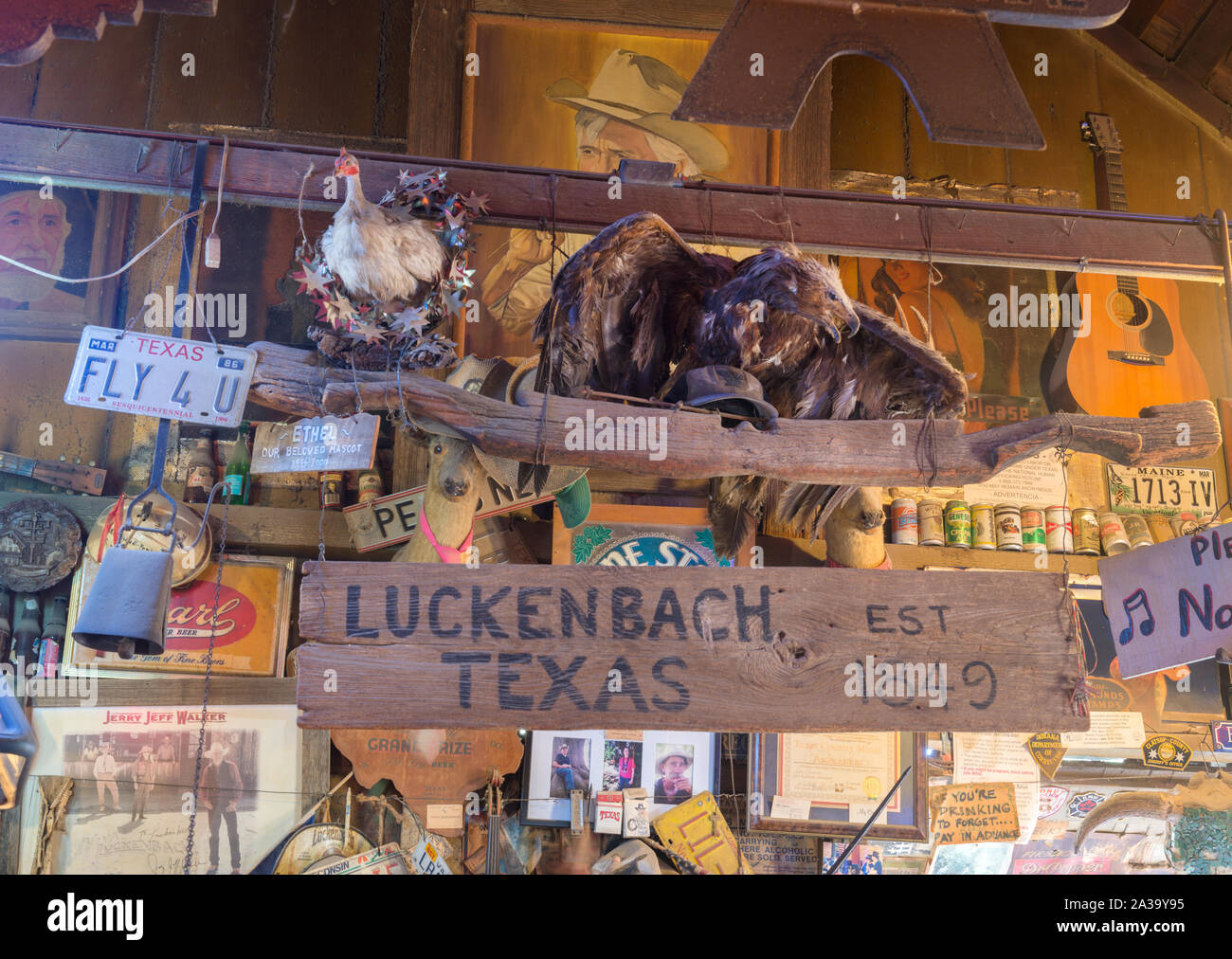 Scene inside the cluttered bar in Luckenbach, Texas, a dot of a place ...