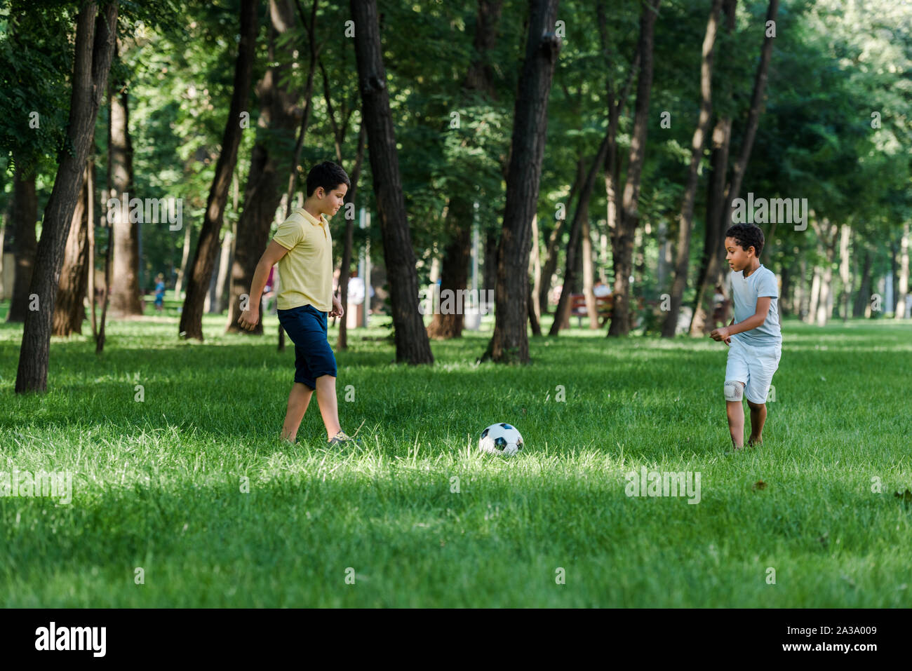 cute multicultural boys playing football on green grass Stock Photo - Alamy
