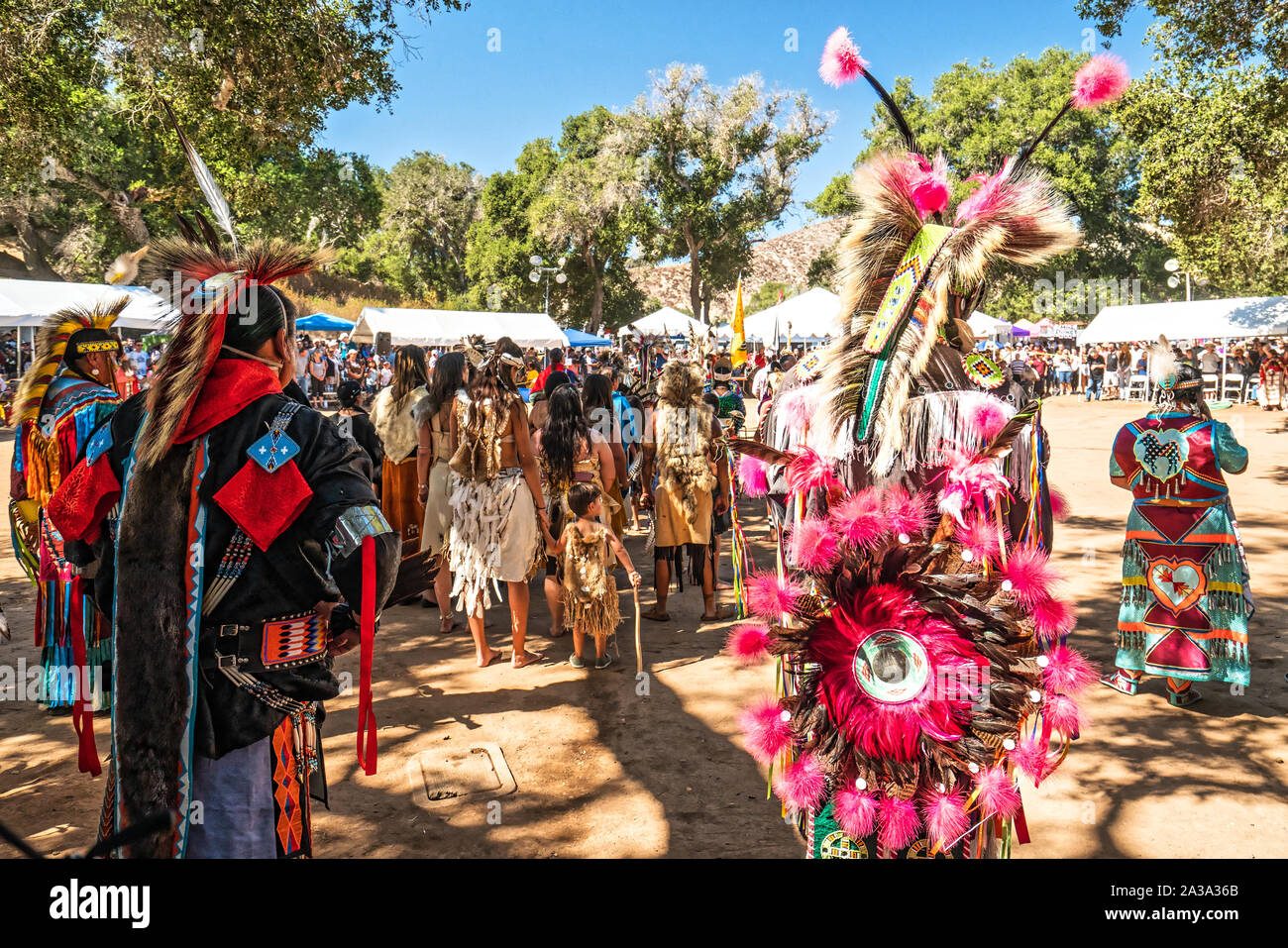 Pow Wow. Grand Entry. Native Americans in full regalia moving in circle ...
