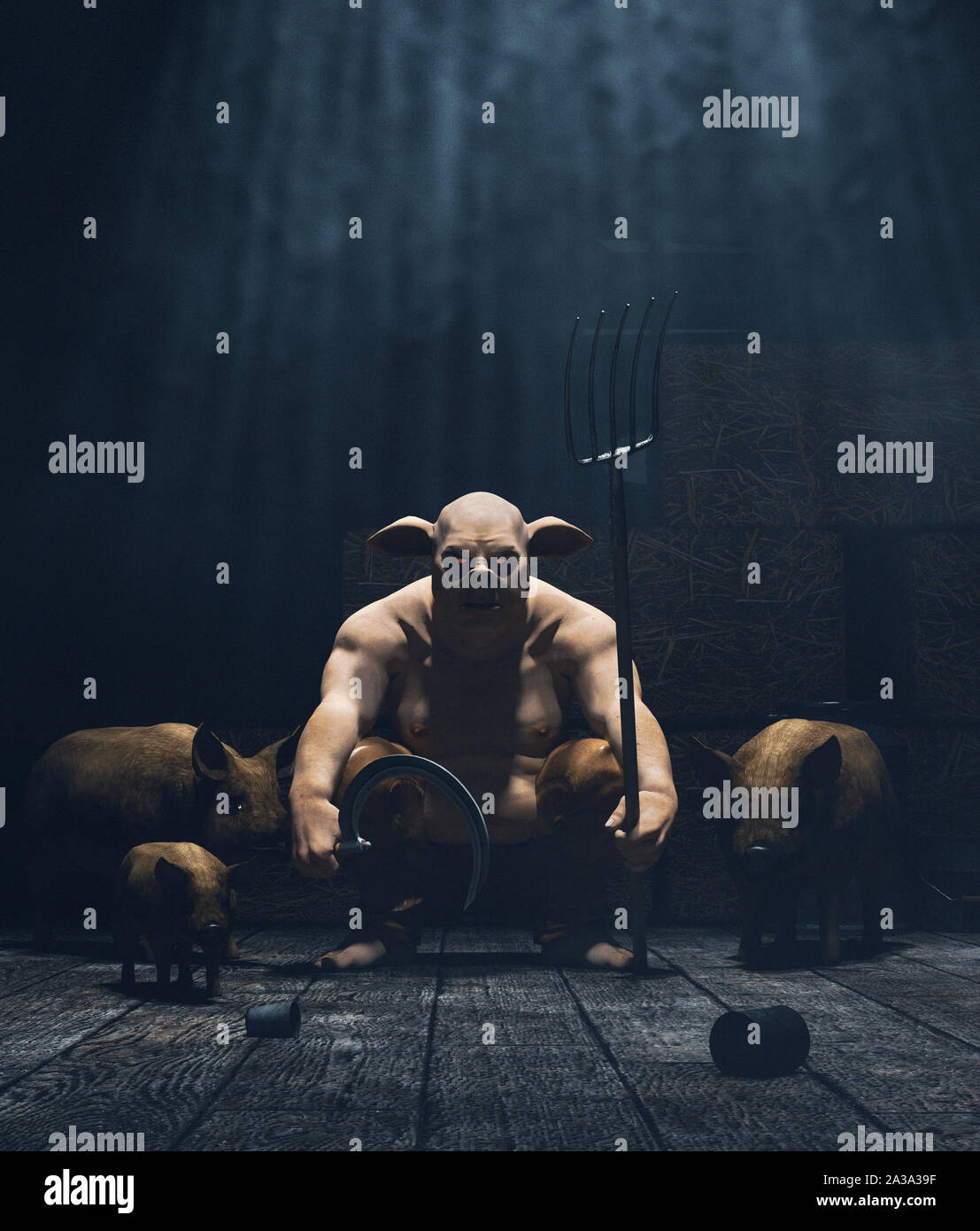 The old barn,Pig head Monster inside the old barn,3d illustration Stock ...