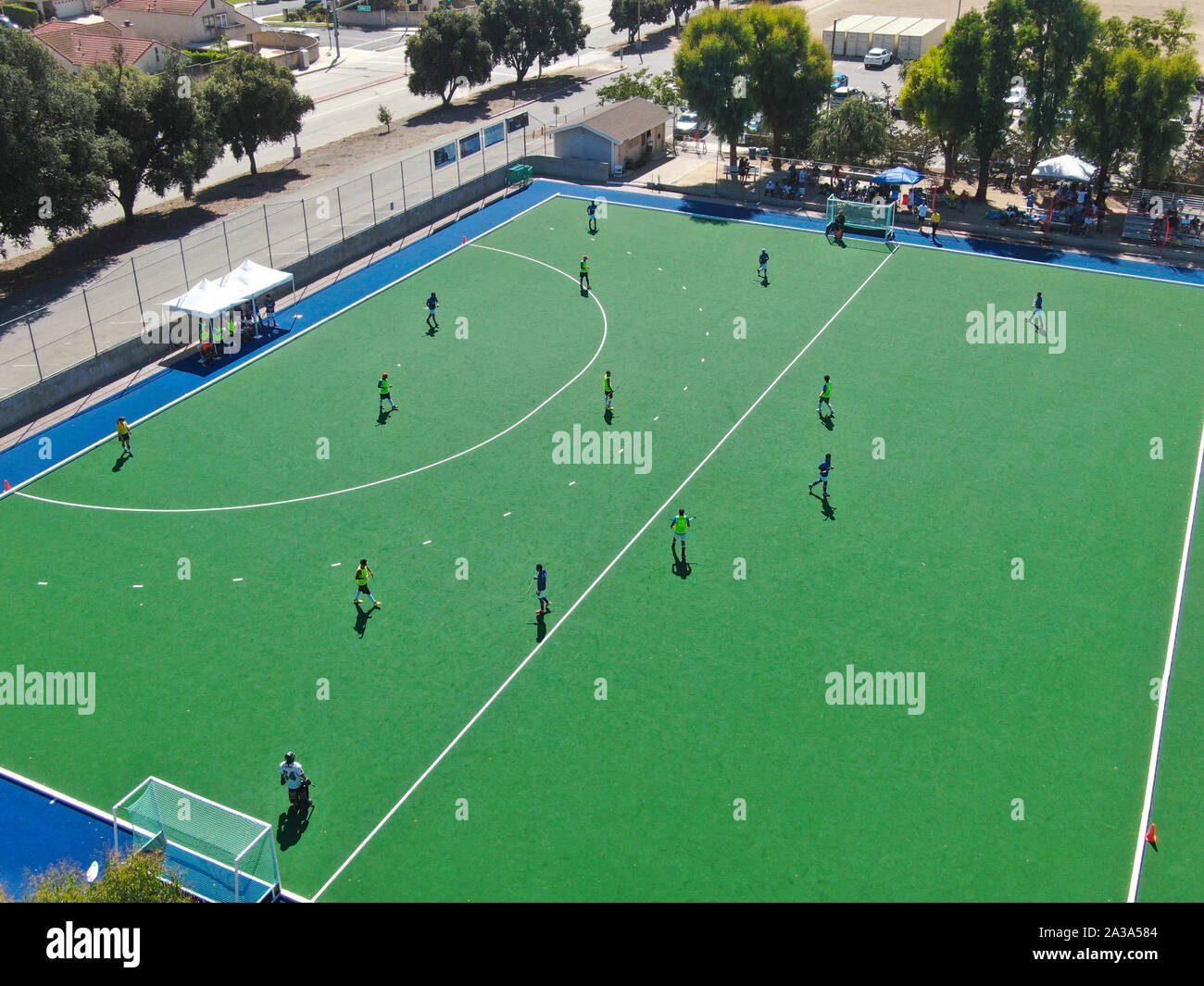 Aerial view of field hockey with players at Moorpark College. Ventura ...