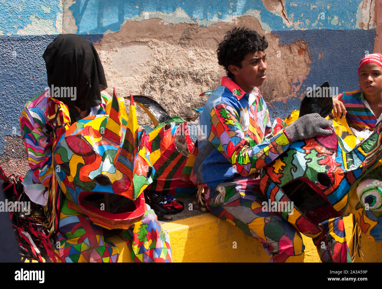 Venezuelan dancing devils of Naiguata in costumes representing fishes ...