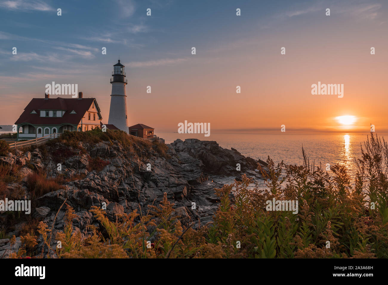 Magical sunrise at the iconic Portland Head Light. Portland, Maine ...