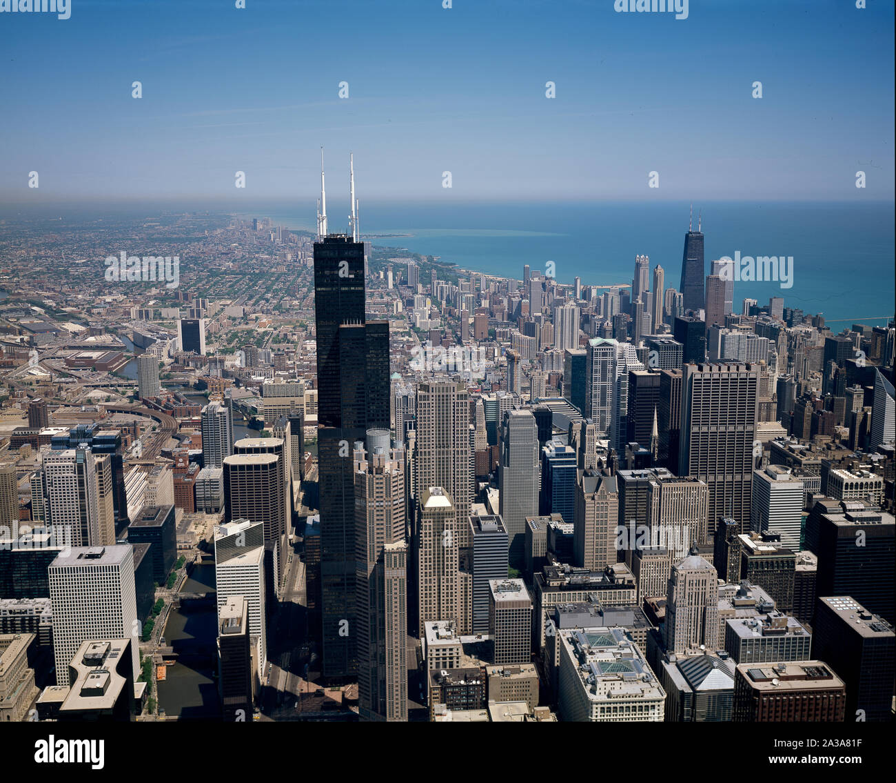 Sears Tower is very prominent in this aerial of Chicago, Illinois taken ...
