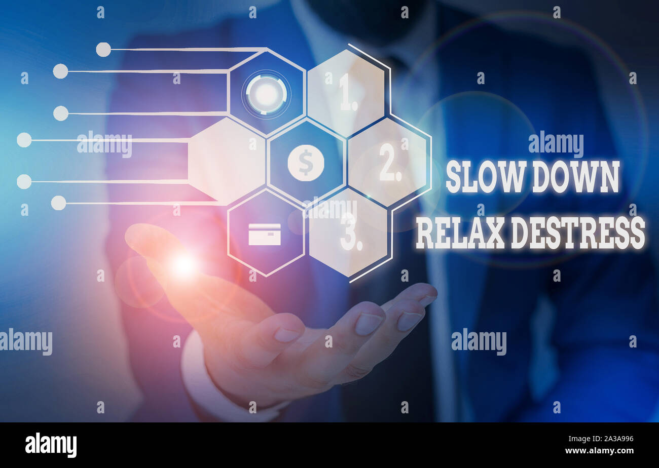 Writing note showing Slow Down Relax Destress. Business concept for ...