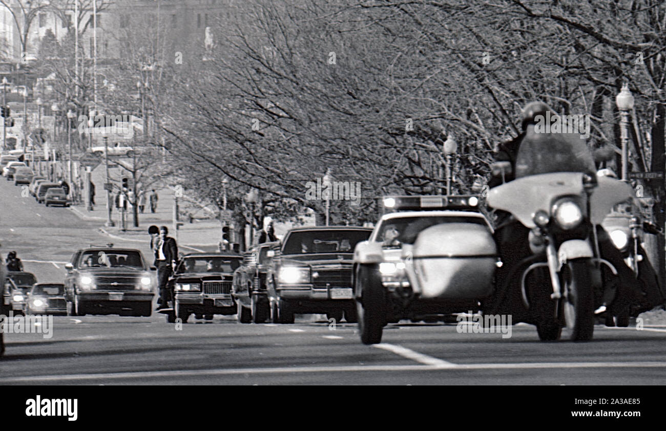 Washington DC., USA, February 2, 1984 Motorcade with President Ronald ...