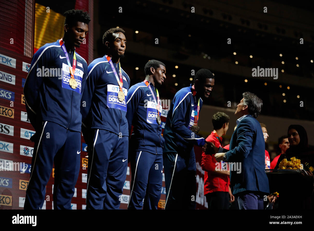 Doha, Qatar. 6th Oct, 2019. IAAF's president Britain's Sebastian Coe (R ...