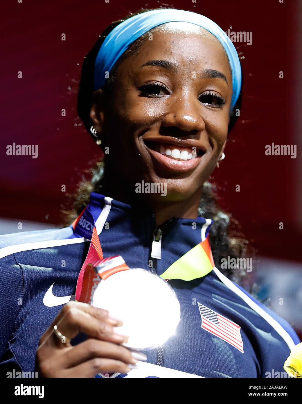 Doha, Qatar. 6th Oct, 2019. Silver medalist, Kendra Harrison of the ...