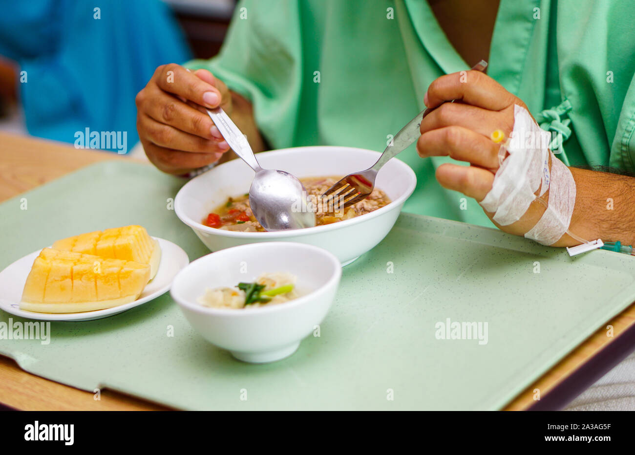 Asian lady woman patient eating breakfast healthy food with hope and ...