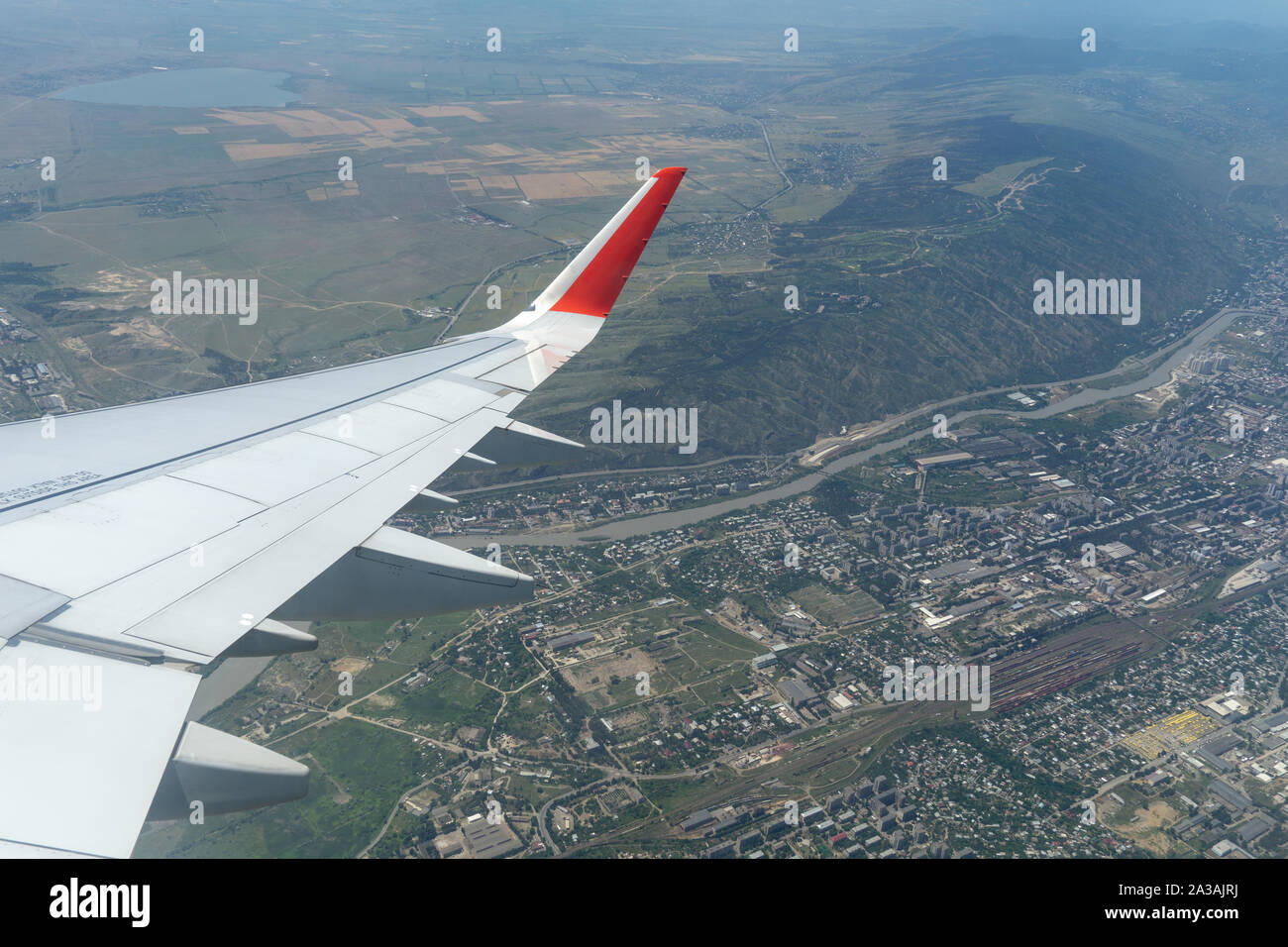 Bird eye view of the old side of the city from plane window Tbilisi ...