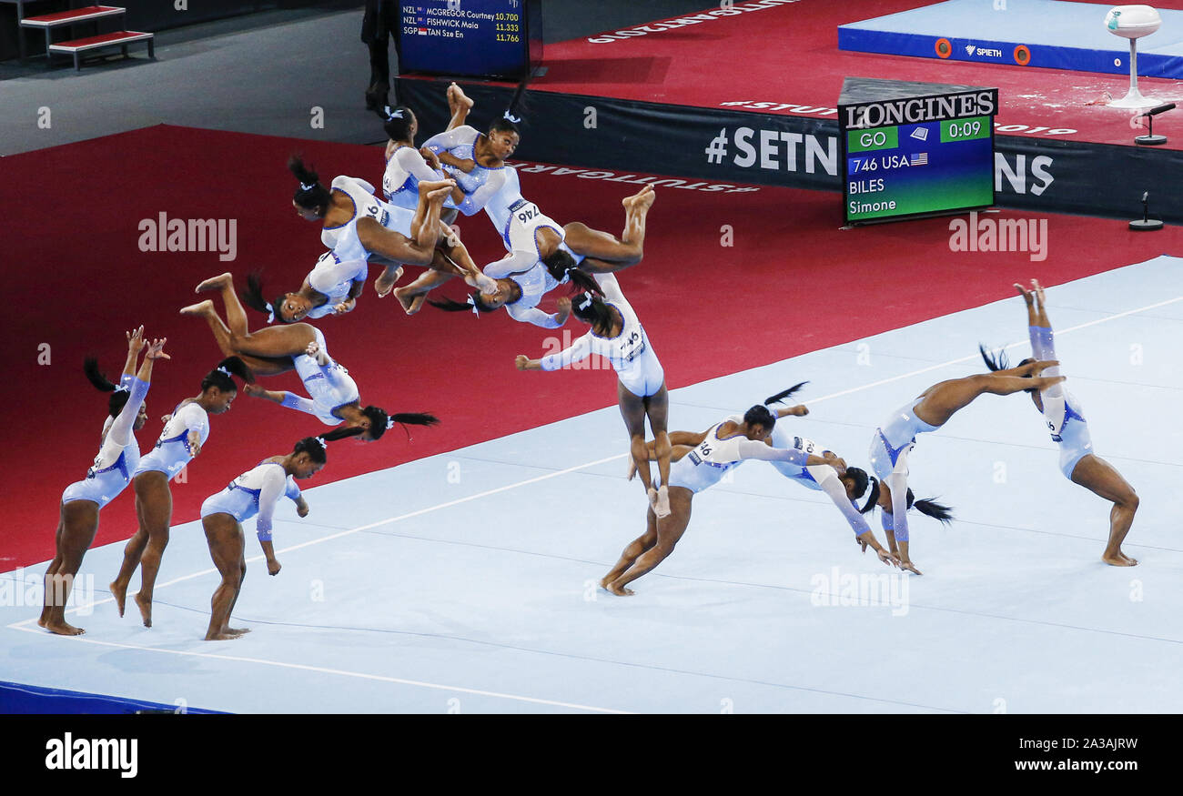 Composite photo shows Simone Biles of the United States executing a ...