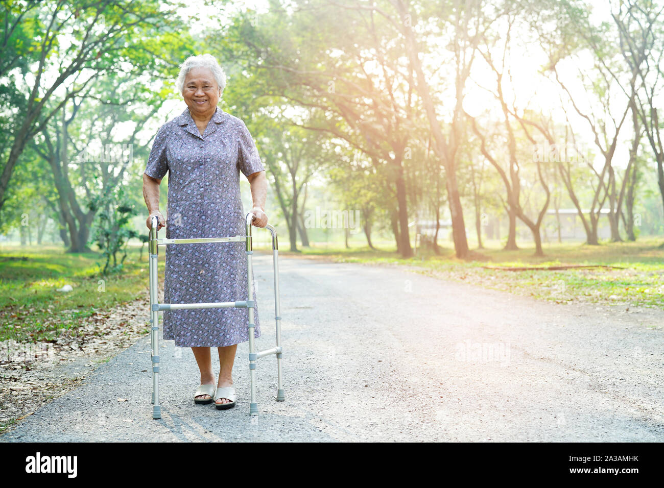 Asian senior or elderly old lady woman patient walk with walker in park ...