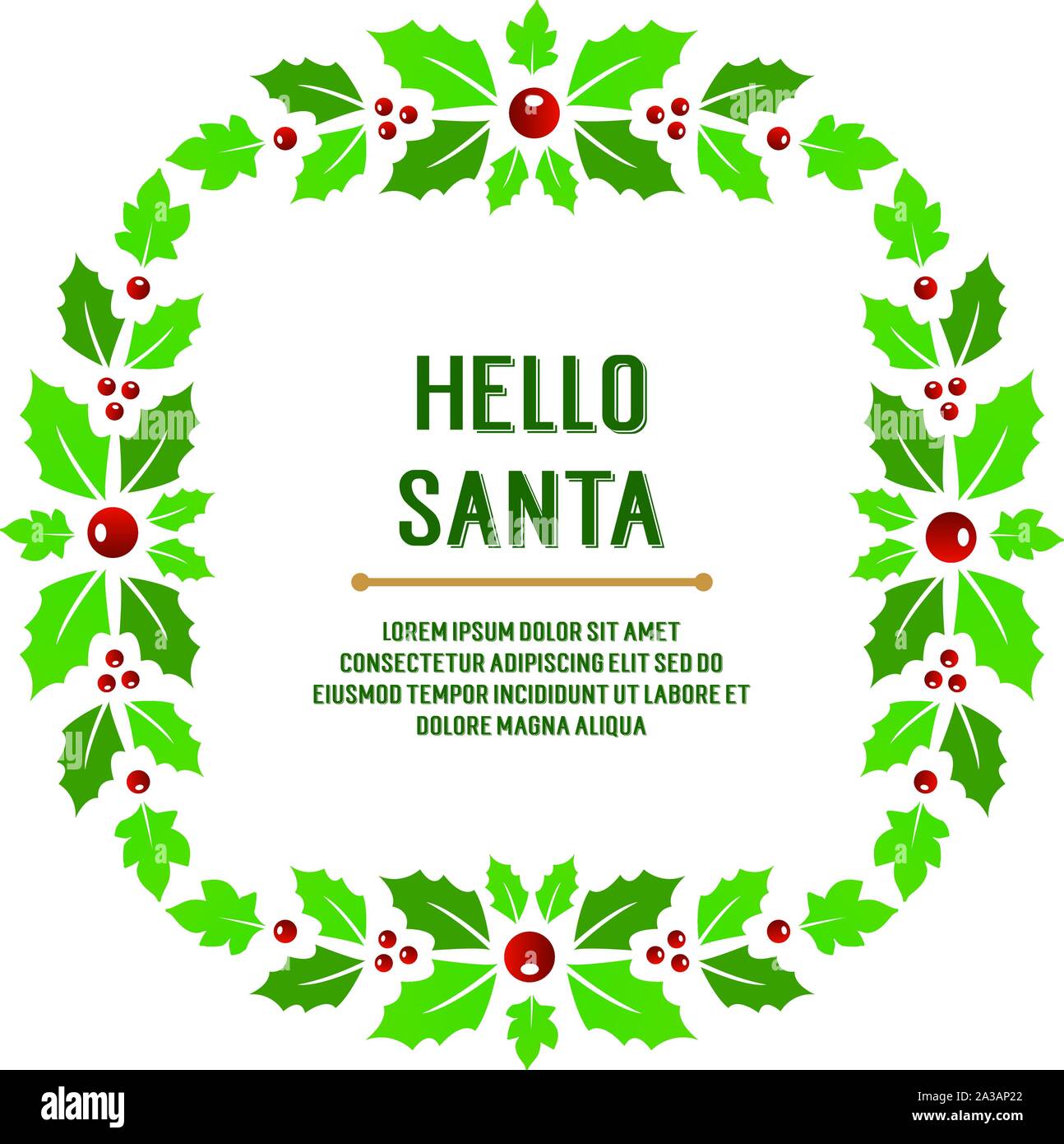 Lettering hello santa, with design beautiful green leaves frame. Vector ...