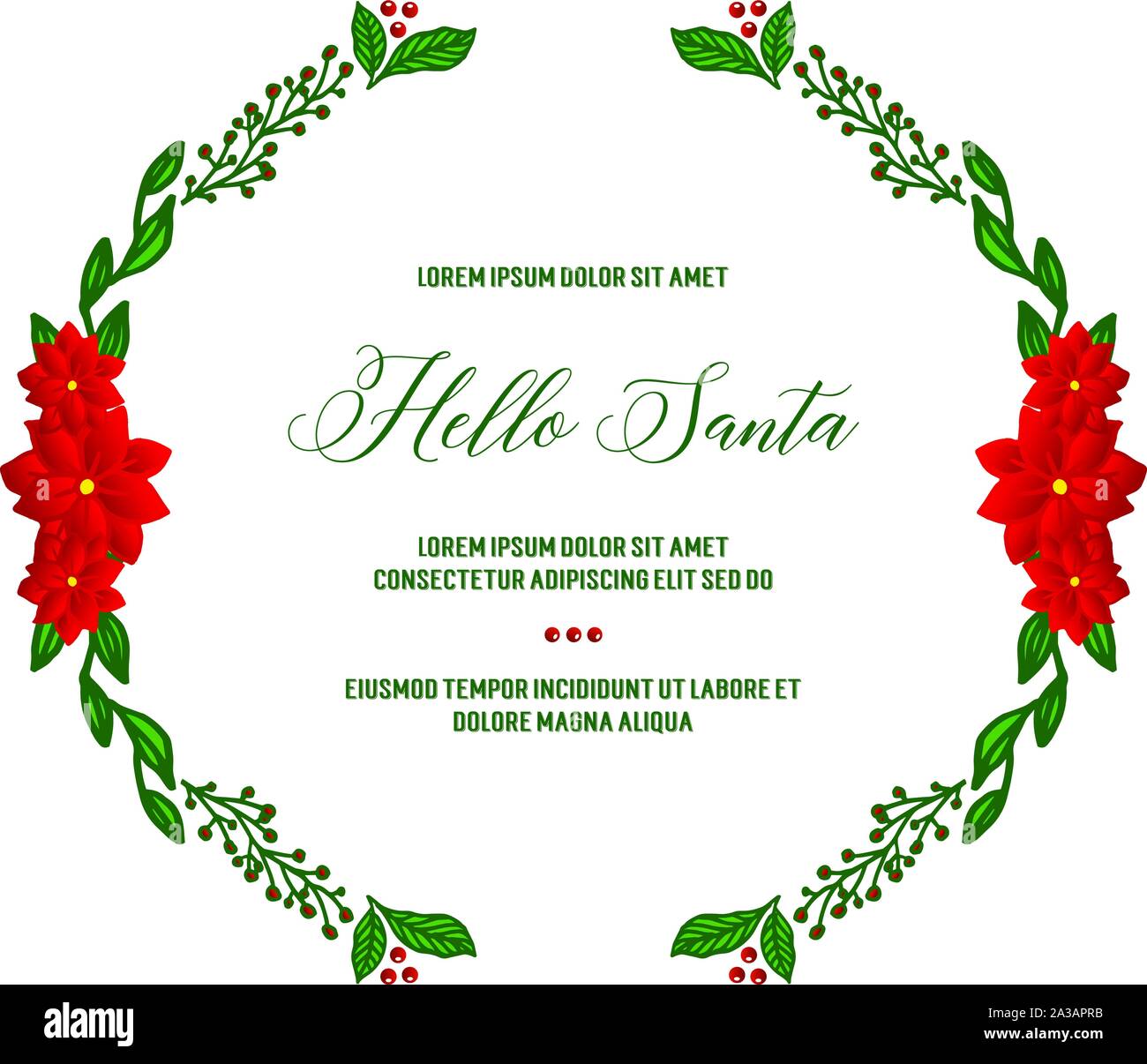 Simple lettering hello santa, with graphic design element of red flower ...