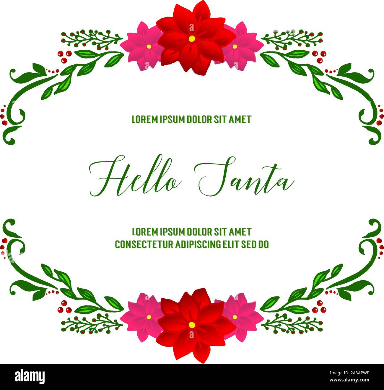 Simple lettering hello santa, with graphic design element of red flower ...