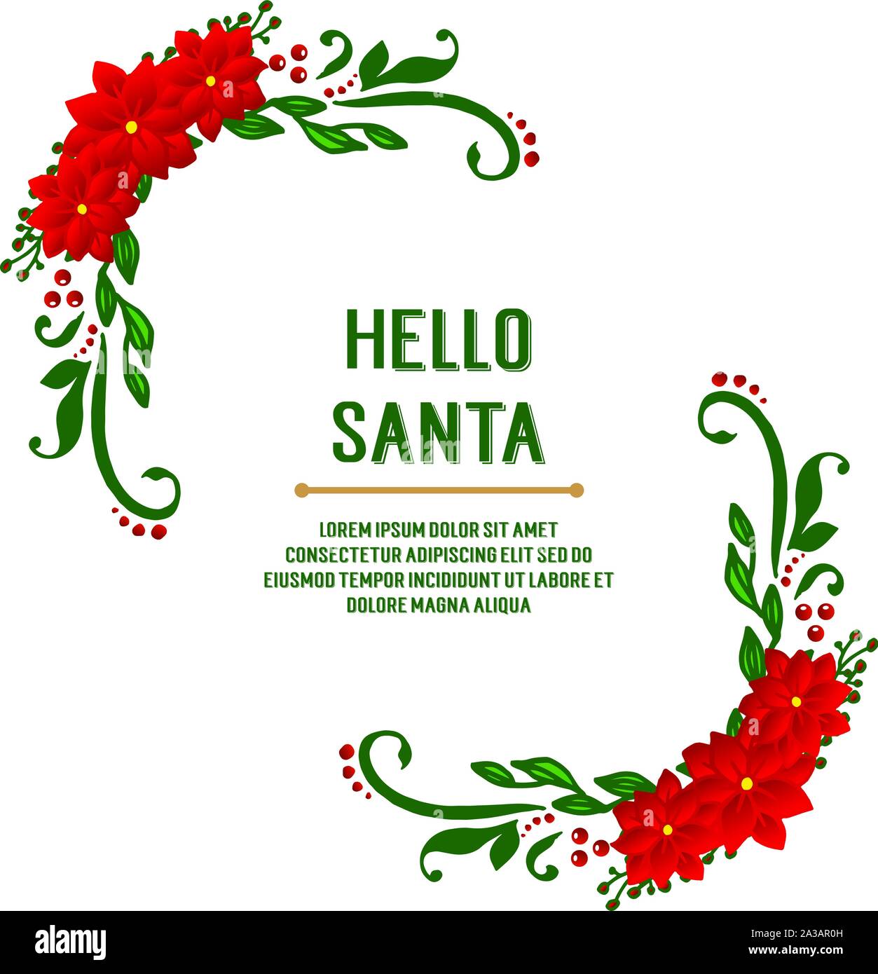 Simple lettering hello santa, with graphic design element of red flower ...