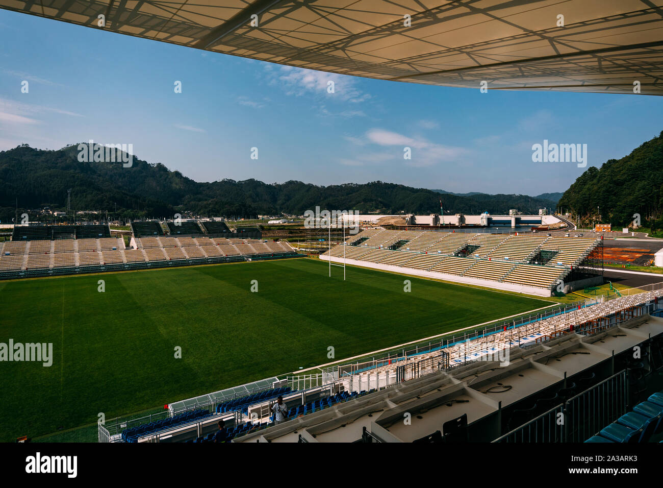 A view of the Kamaishi Unosumai Memorial Stadium playing field from the ...
