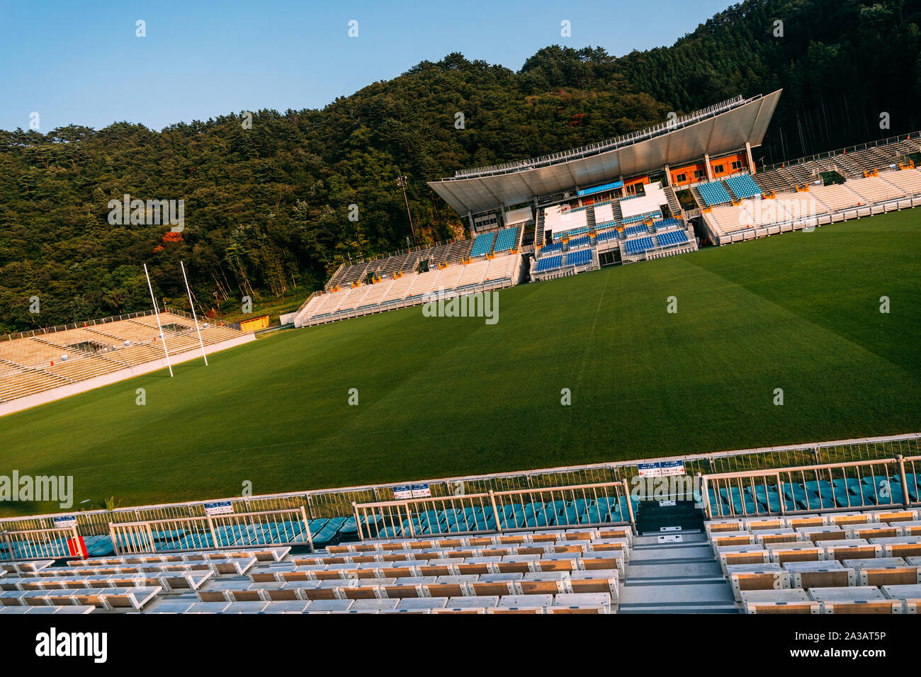 A view of the Kamaishi Unosumai Memorial Stadium playing field and main ...