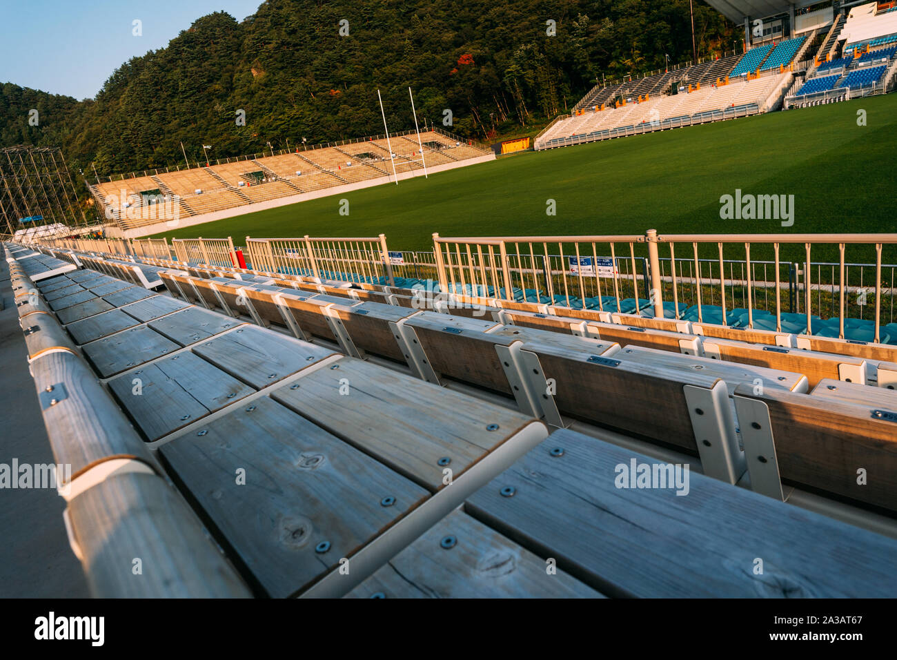 Repurposed wooden seats at Kamaishi Unosumai Memorial Stadium during a ...