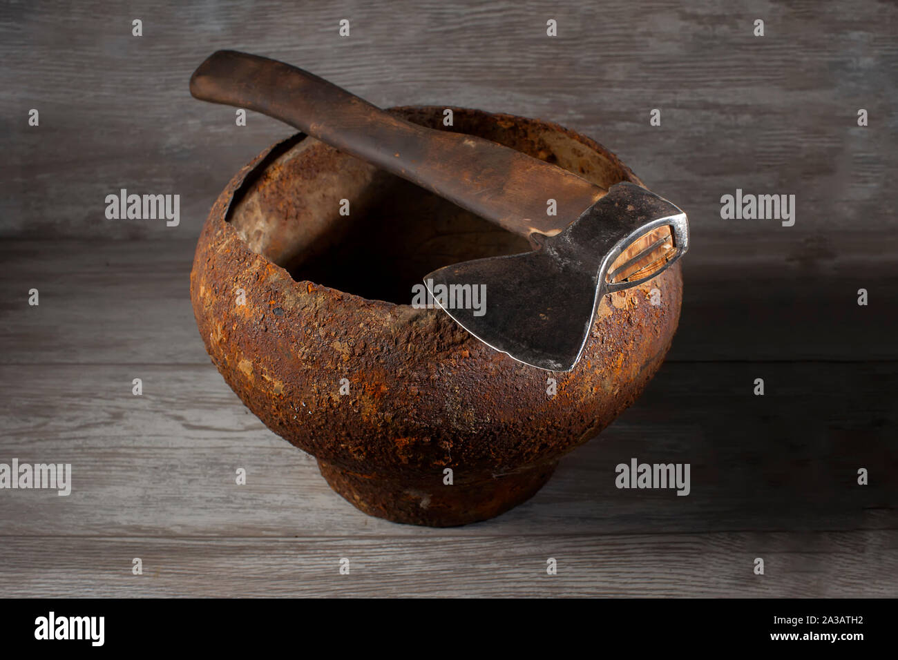 Antique Rustic Pan Cast Iron and Ax Stock Photo - Alamy