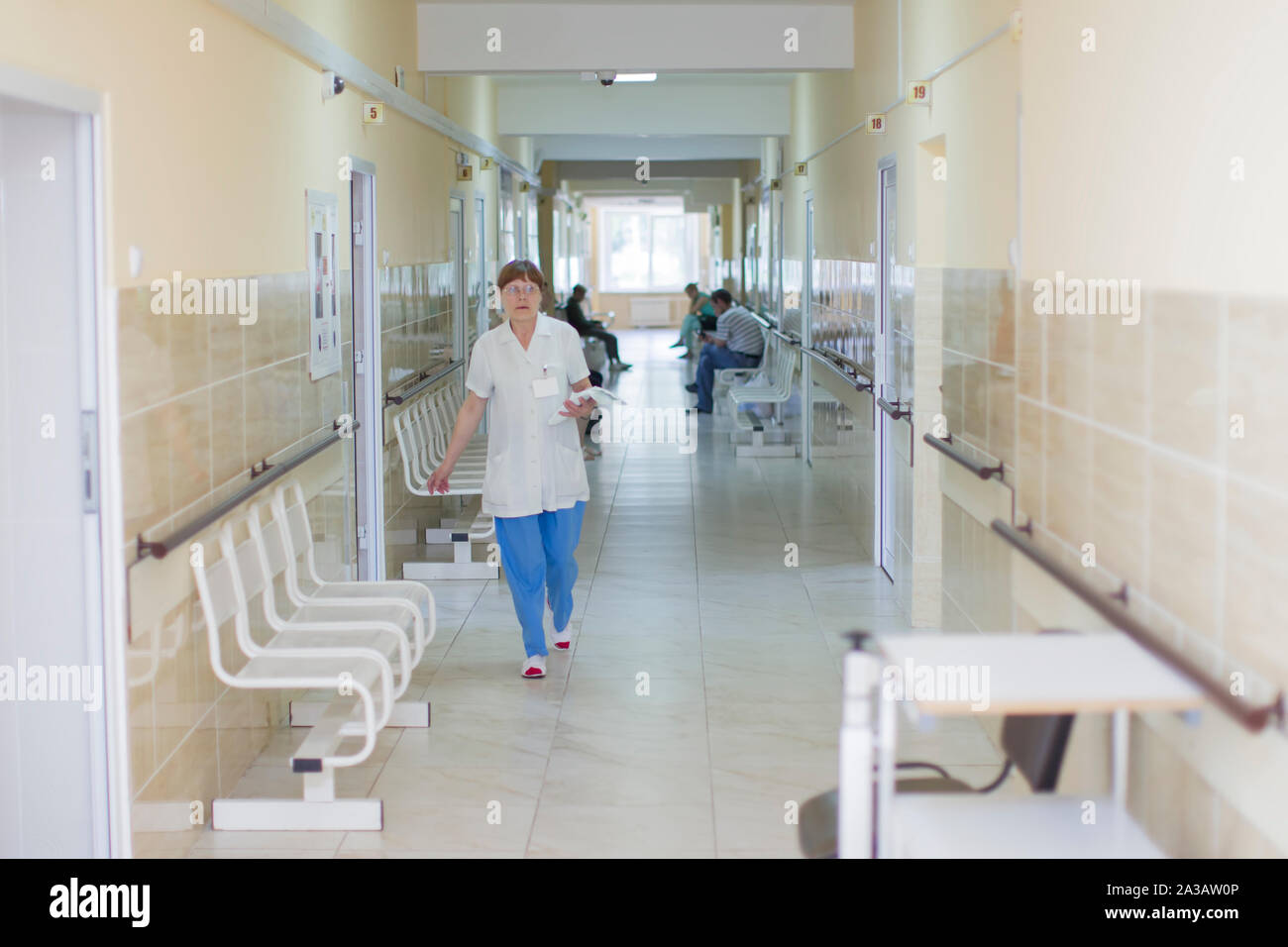 Belarus, Gomel, May 31, 2017. Central Hospital. Corridor in the ...